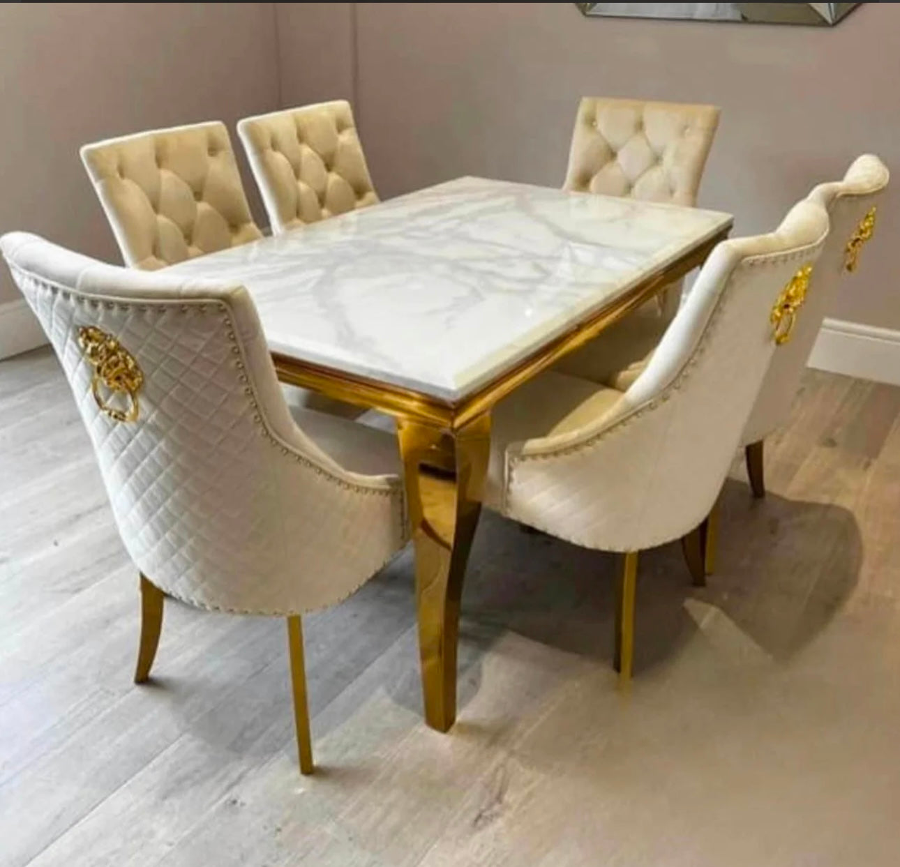 Louis white marble dining table with cream lion knocker chairs – DITA LIVING