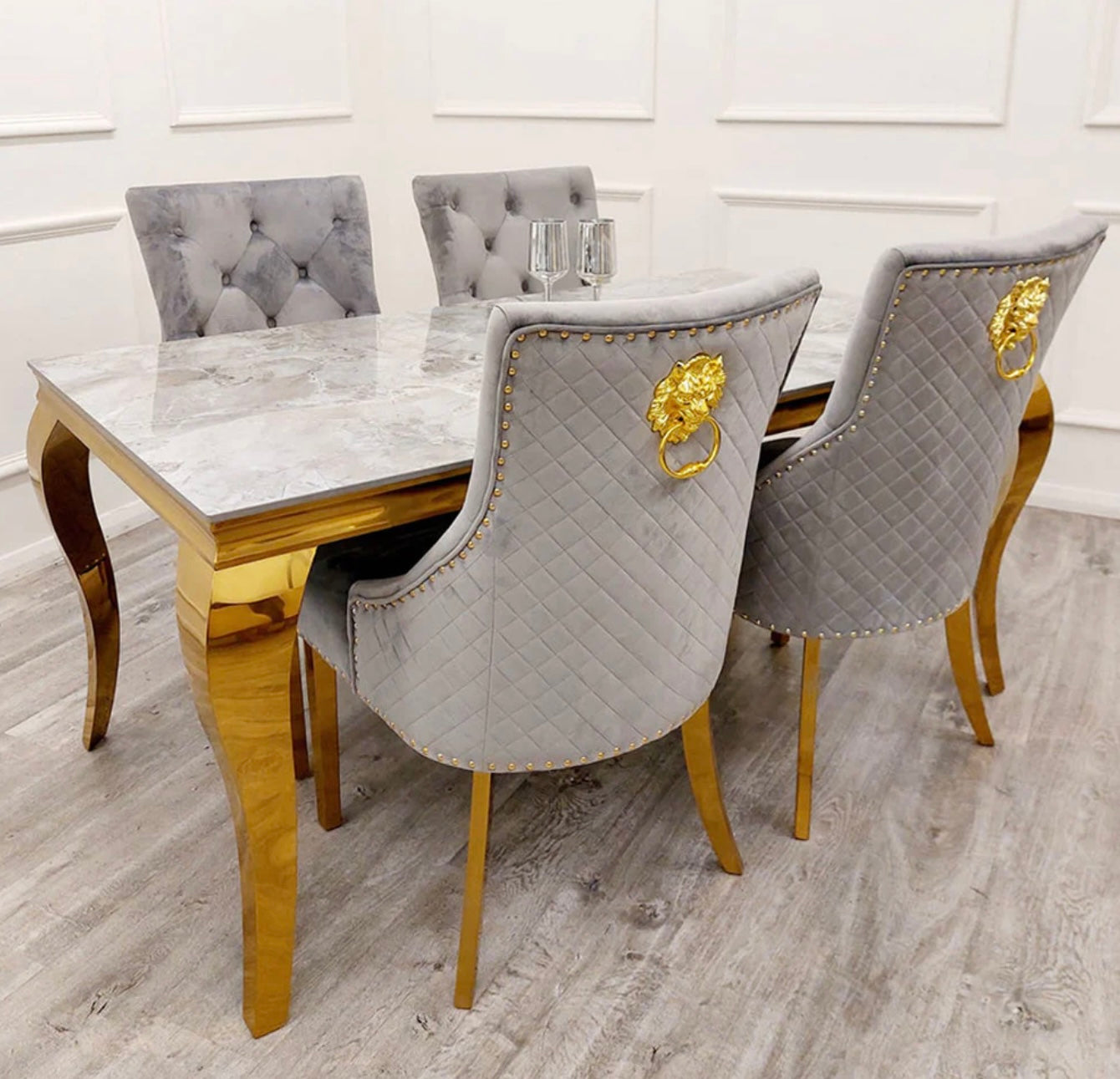 Louis gold sintered stone dining table with grey Bentley chairs – DITA LIVING