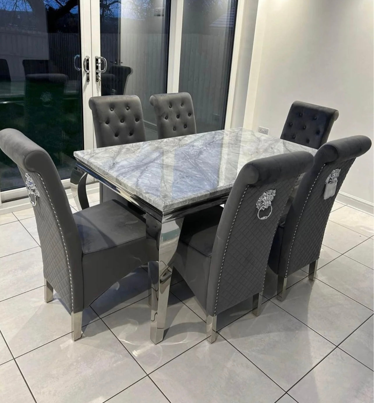 Louis grey marble dining table with Florence lion knocker chairs – DITA ...