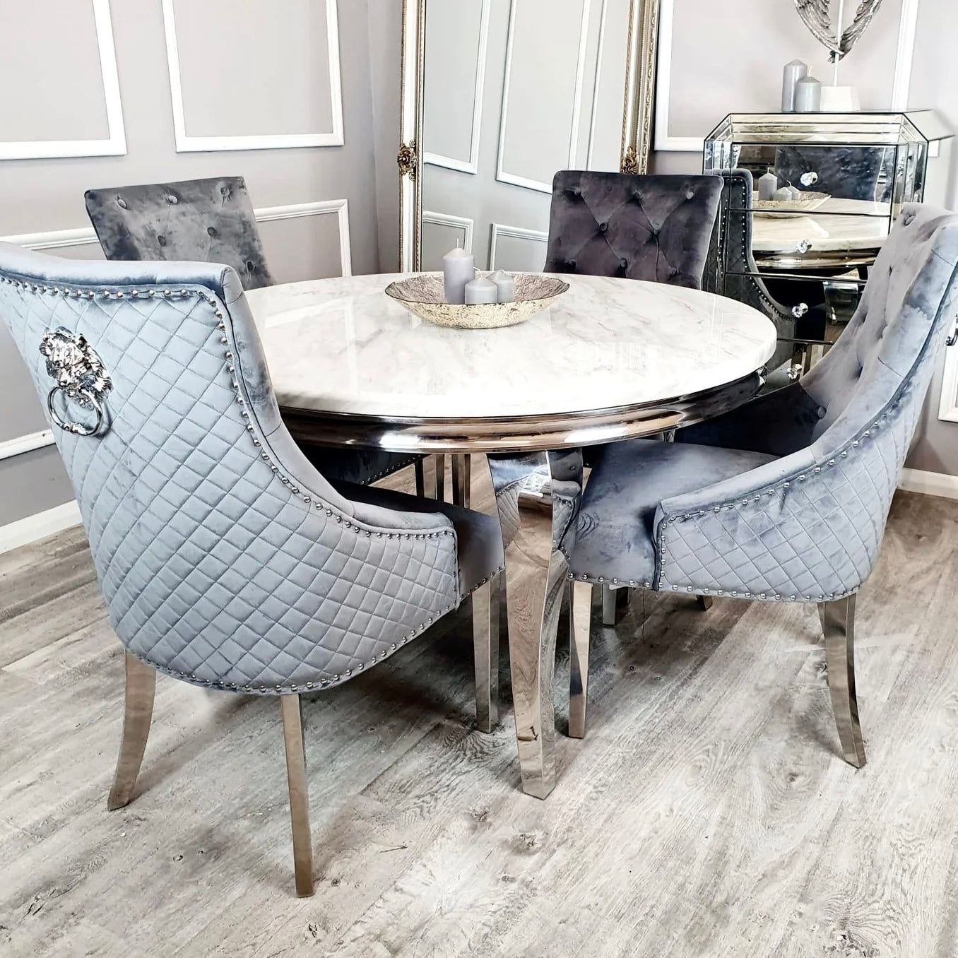 Louis 130cm marble dining table with Mayfair lion knocker chairs – DITA LIVING